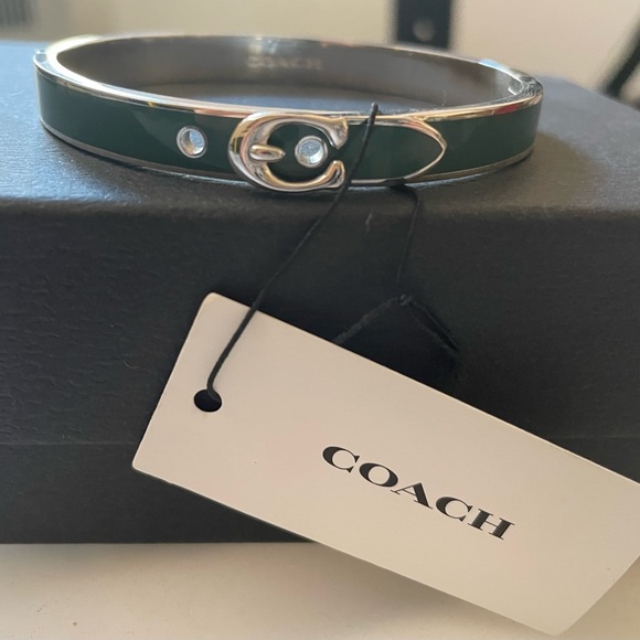 Coach | Jewelry | Coach Signature Thin Buckle Logo Green Enamelsilver ...